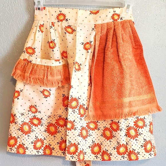 Accessories | Vintage Orange Floral Half Apron W Attached Terry Towel ...